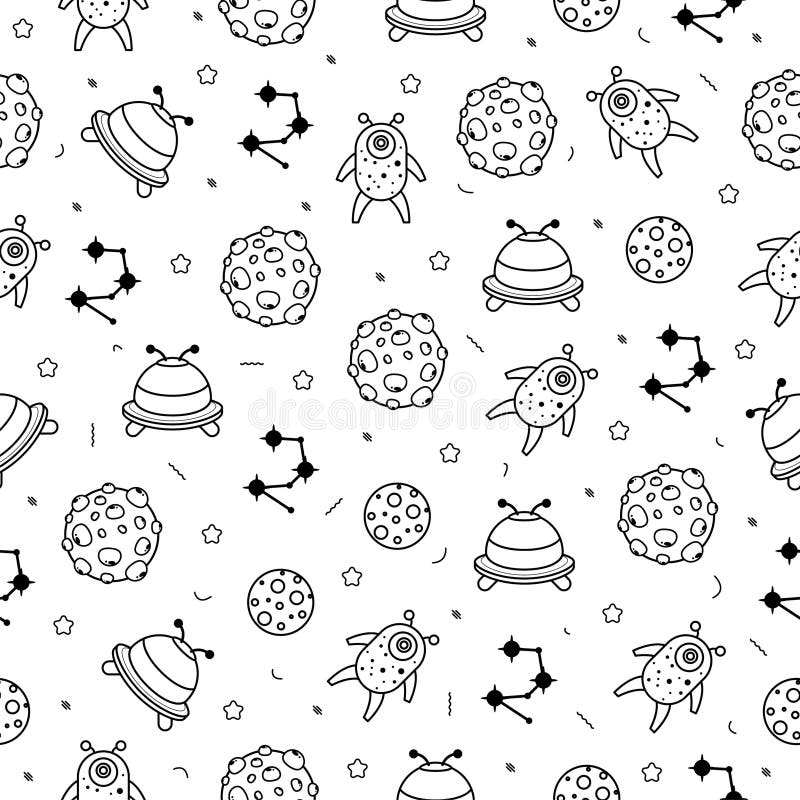 Abstract Seamless Pattern Doodle Collection Aliens Ufo Planets Galaxy ...