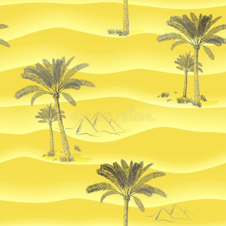 Abstract Seamless Pattern with Dunes, Palm Trees and Egypt Pyramids in ...