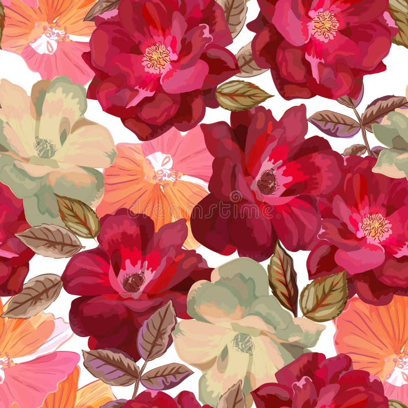 Abstract Seamless Pattern with Isolated Hand Drawn Red Roses on Stock ...