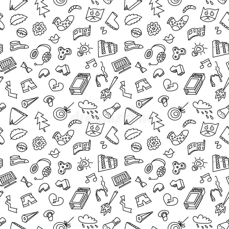 Abstract Seamless Pattern with Many Items. Background with Different ...