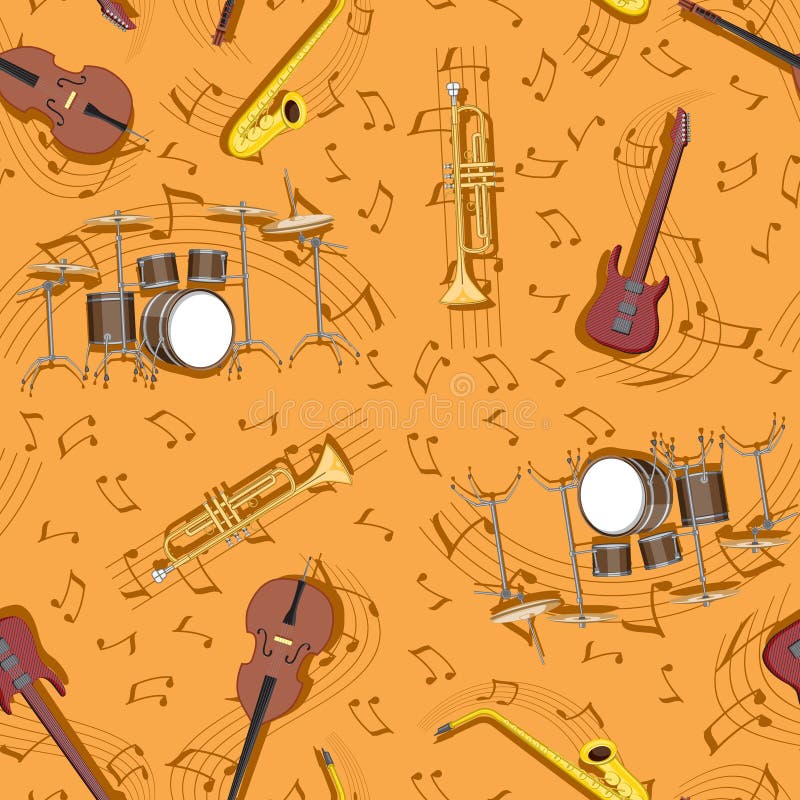 Abstract Seamless Pattern Musical Instruments and Notes Drum Guitar ...