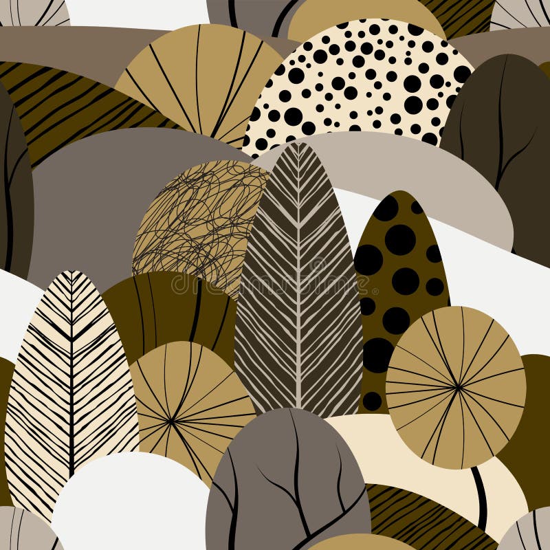 Abstract Seamless Pattern with Plants, Leaves, Forest Theme. Hand Draw ...