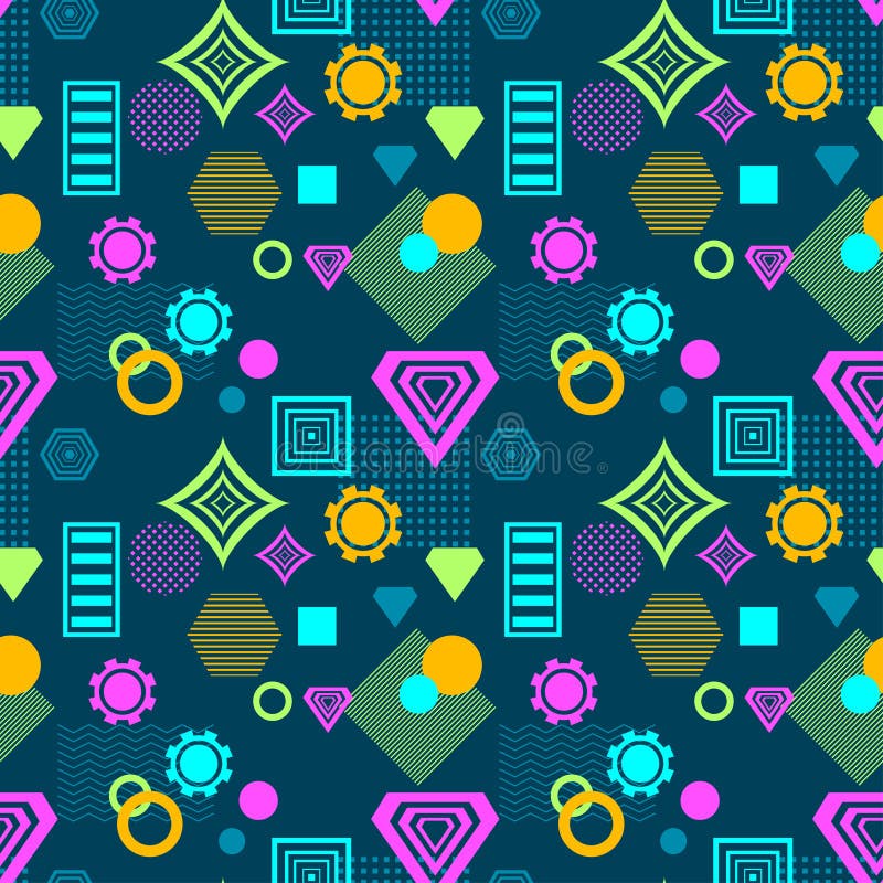 Abstract Seamless Pattern in Postmodern Memphis Style on Dark Blue ...