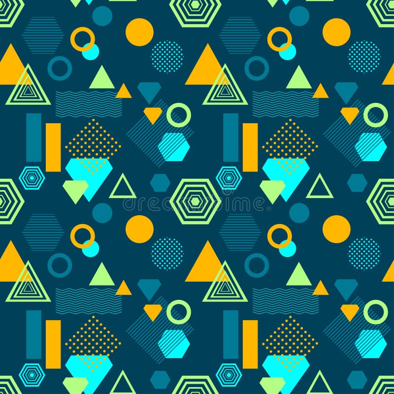 Abstract Seamless Pattern in Postmodern Memphis Style on Dark Blue ...
