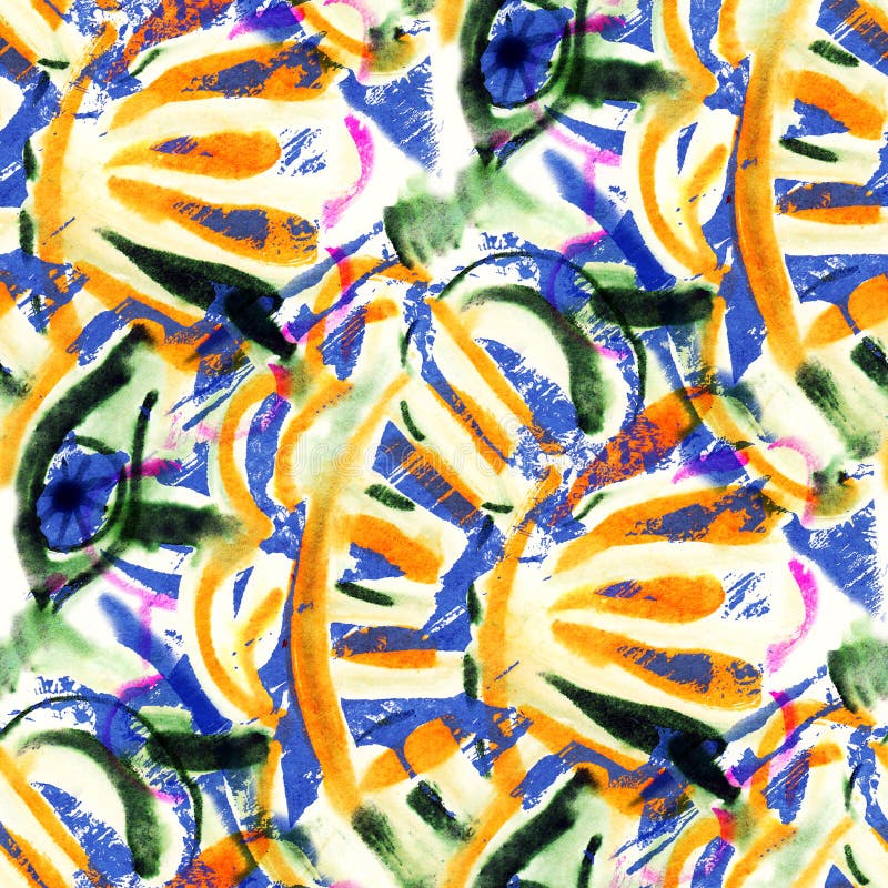 Abstract Seamless Pattern with Watercolor Drawing in Doodle Style Stock ...