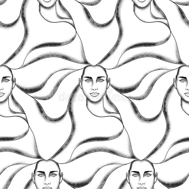 Abstract Seamless Pattern with Womans Heads and Hair Stock Vector ...