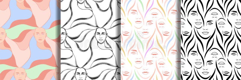 Abstract Seamless Patterns Set with Womans Faces Stock Vector ...