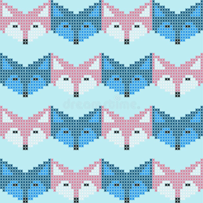 Abstract Seamless Retro Pattern of Fox and Wolf in Line in Light Blue ...