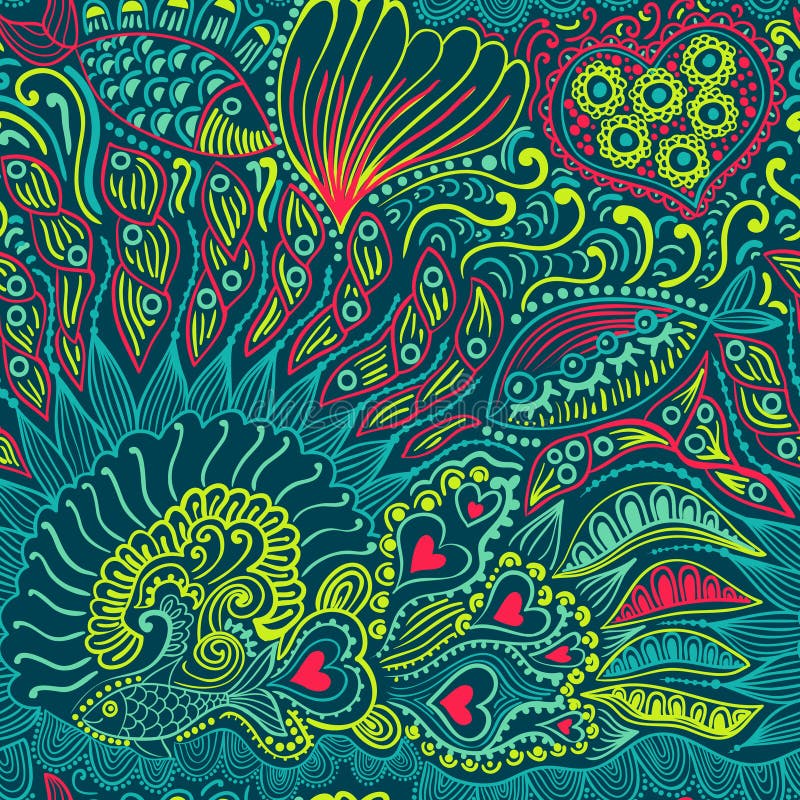 Abstract Seamless Texture with Fish, Hearts, Flowers. Endless Ba Stock ...