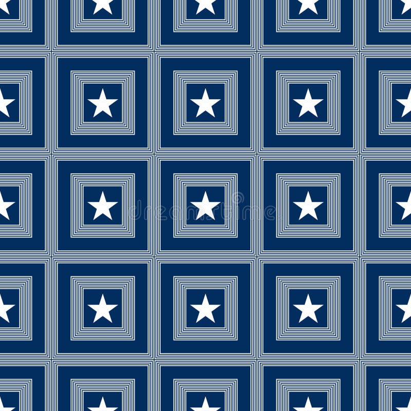 Abstract Seamless Vector Pattern with White Striped Squares and White Five Pointed Stars ...