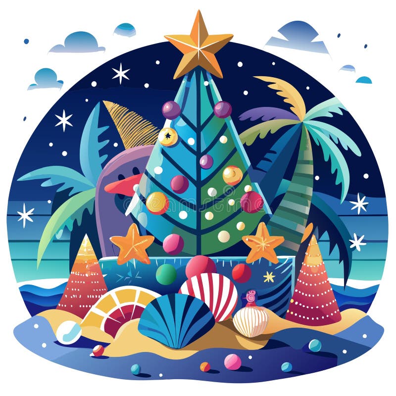 Abstract Seashell and Starfish Christmas Tree on the Beach at Night ...