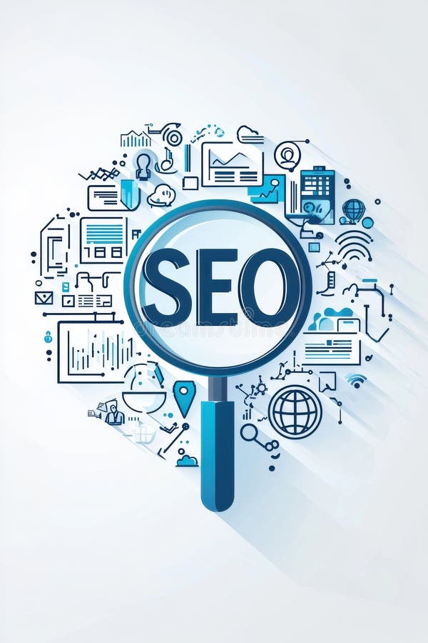 Abstract SEO Graphic with Magnifying Glass and Technological Icons ...