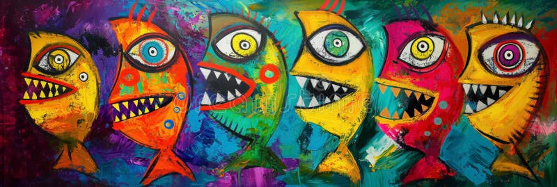 Abstract Series of Vibrant, Whimsical Fish with Large Eyes and Sharp ...
