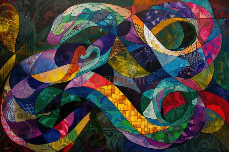 Abstract Serpentine Artwork Intertwined with Colorful Patterns on a ...