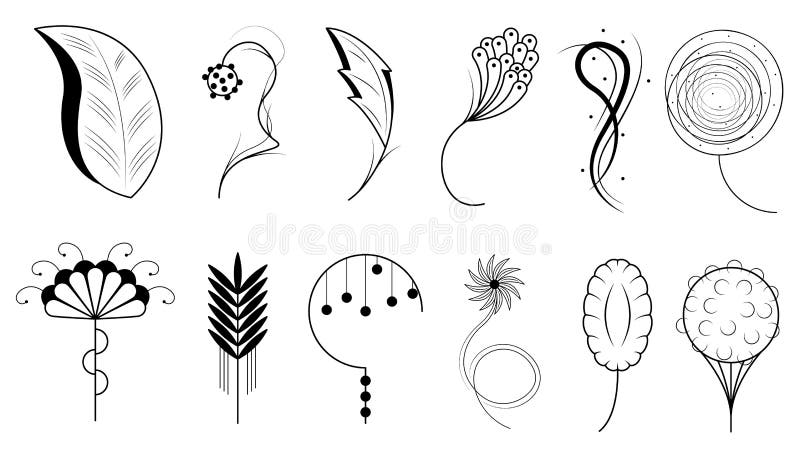 Abstract Set Doodle Elements Hand Drawn Collection Botanic Herbal Flora ...