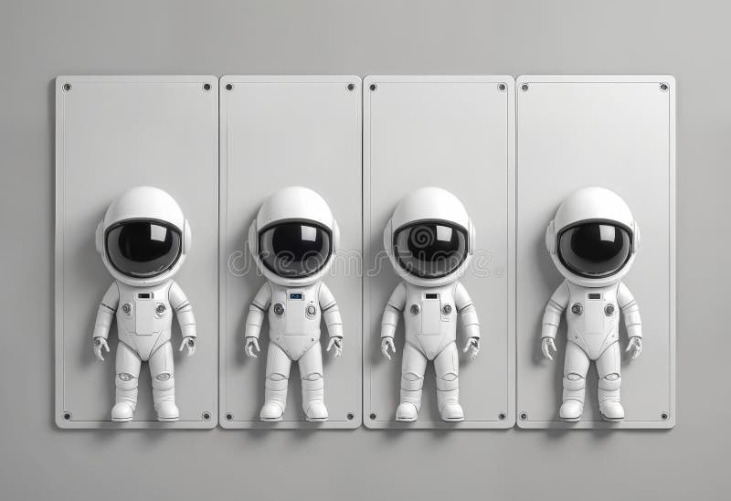Abstract Set Group Cartoon Astronauts on Metallic Panels. Designed with ...