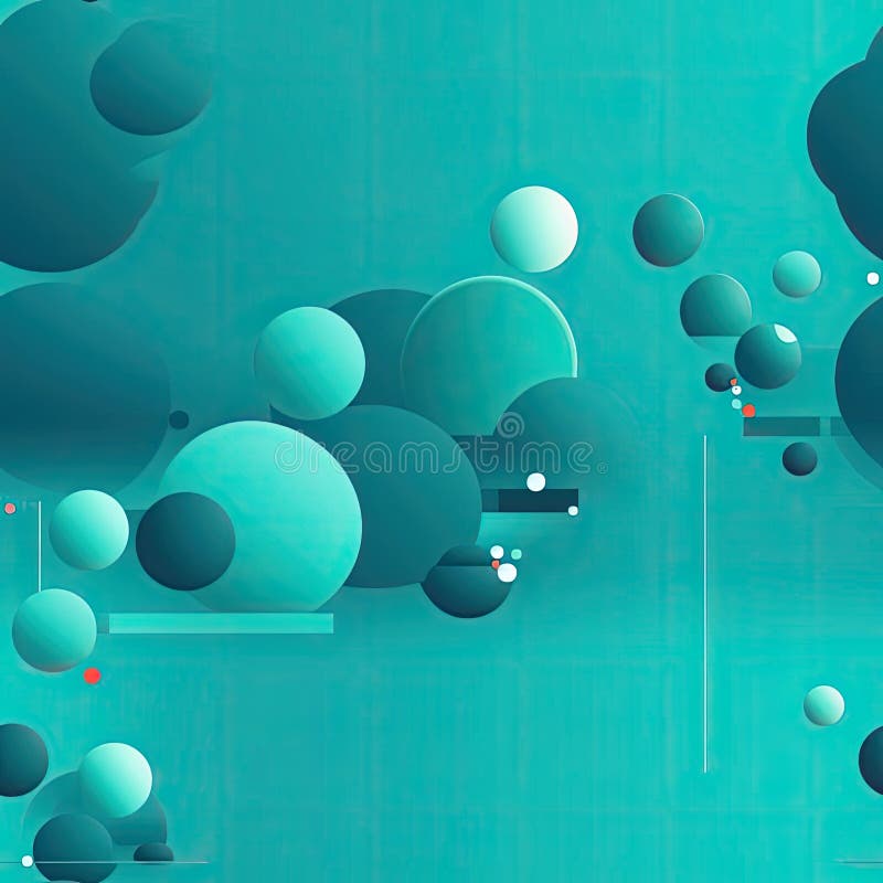Abstract Shapes and Spheres in Light Turquoise on Dark Green Background ...