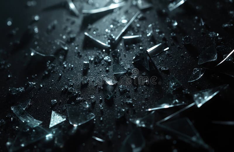 Abstract Shattered Glass Shards on Black Backdrop. Sharp Jagged Edges ...