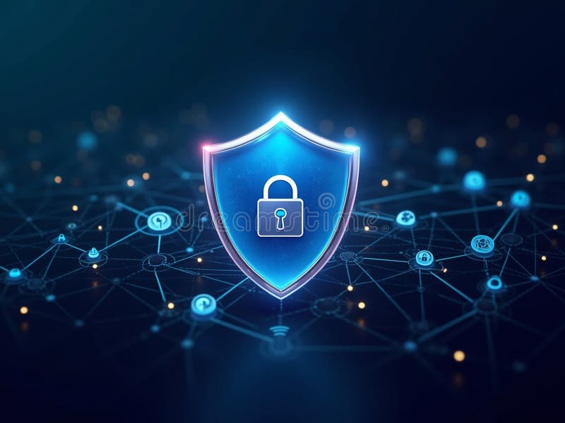 Abstract Shield with Internet Lock Icons on Digital Grid Background for ...
