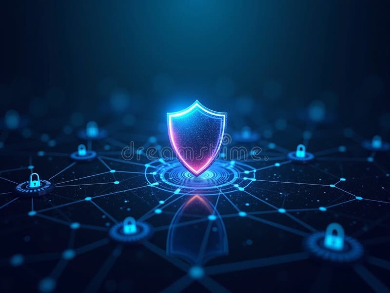 Abstract Shield with Internet Lock Icons on Digital Grid Background for ...