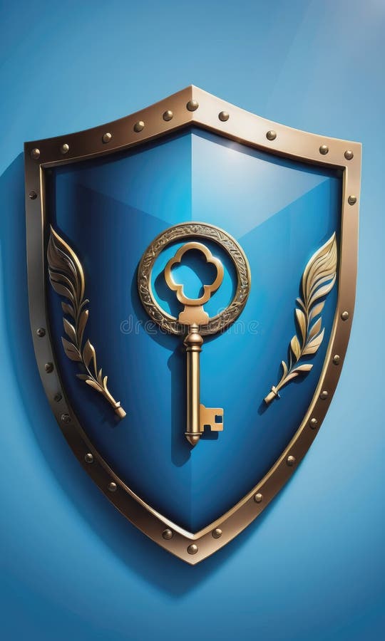 Abstract Shield with Key Inside on Blue Background Stock Illustration ...