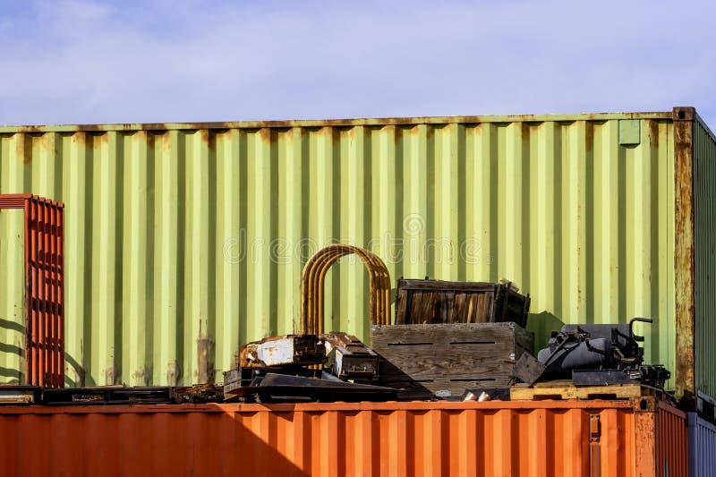 Abstract Shipping Containers with Junk Piled Around Them Stock Photo ...