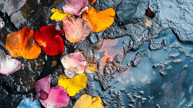 An Abstract Shot of Petals Floating in a Spring Puddle after the Rain ...