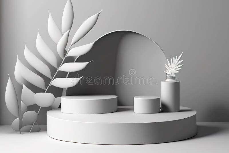 Abstract Showcase Mockup of Round Platform and Cylinders on Gray ...