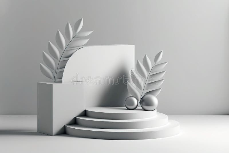 Abstract Showcase Mockup of Round Platform and Cylinders on Gray ...