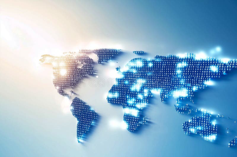 This Abstract Shows a World Map in Binary, Symbolizing Digital Tech and ...