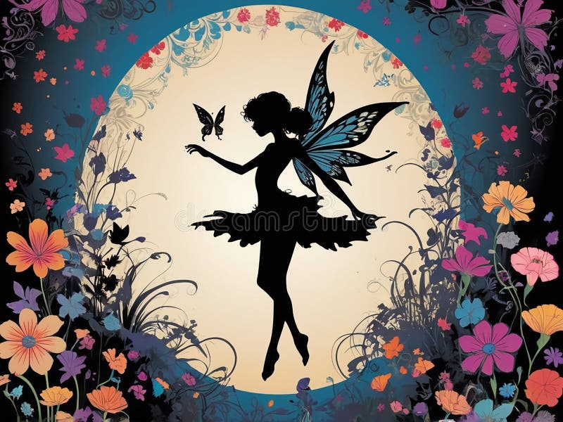 Abstract Silhouette of Funky Fairy on Flower Pattern Design ...