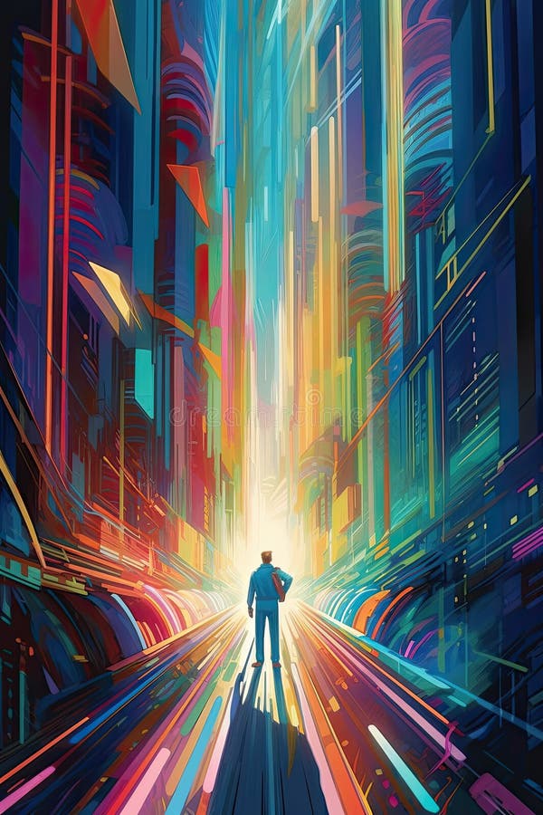 Abstract Silhouette of a Man in a Neon Universe in Motion. Surreal ...