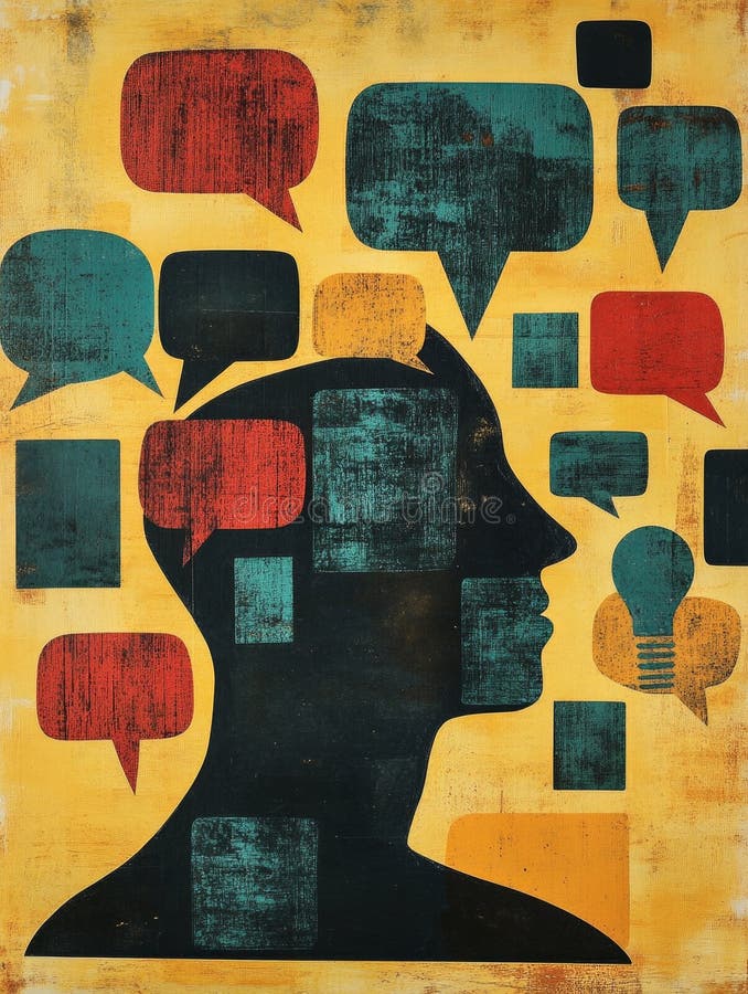 Abstract Silhouette with Thought Bubbles and Idea Symbol on Distressed ...