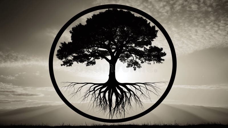 Abstract Silhouette of Tree with Expansive Roots in a Circle ...