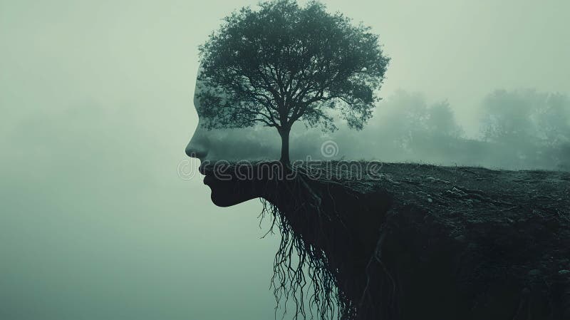 Abstract Silhouette of Tree and Face with Roots Stock Illustration ...
