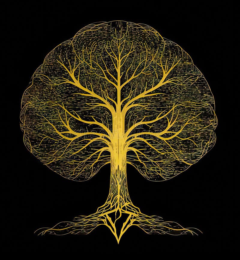 Abstract Silhouette of the Tree of Life on Black in Gold, the Inner ...