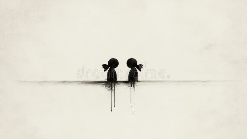 Abstract Silhouette of Two Figures in Monochrome with Bird Elements ...