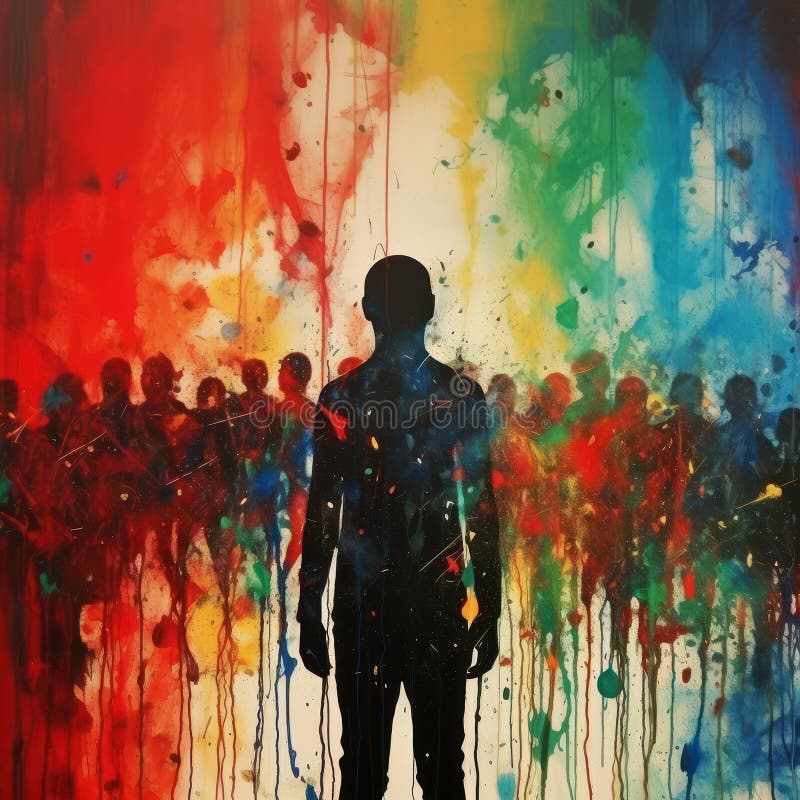 Dramatic Abstract Artwork with Silhouetted Figures Set before a Cascade ...