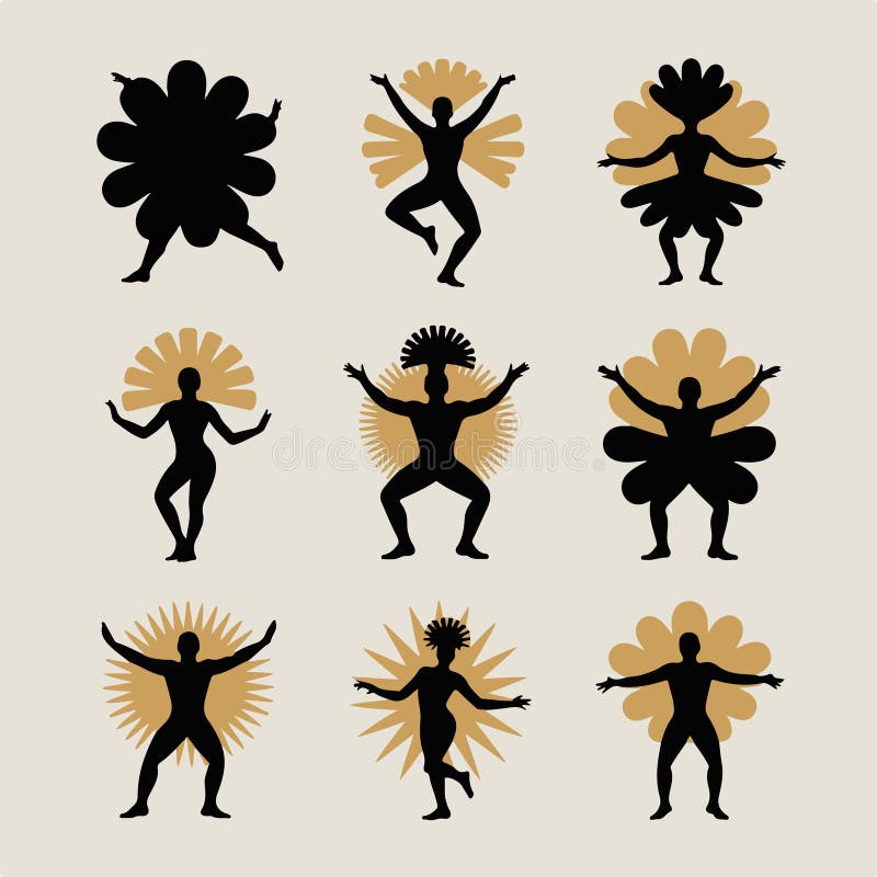 Abstract Silhouettes of Dancing Figures with Floral and Sunburst ...