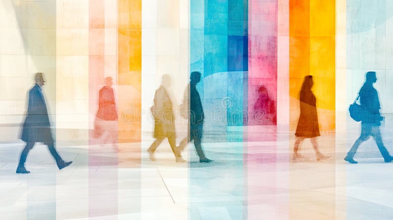 Abstract Silhouettes Walk through Colorful Geometric Art Installation ...