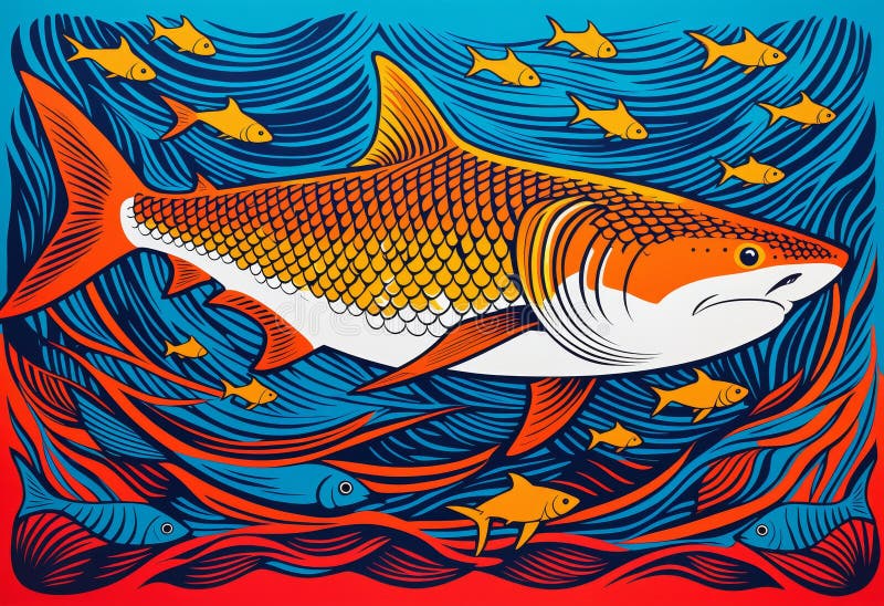 Abstract Silkscreen of Shark and Carp Fish Stock Image - Image of ...