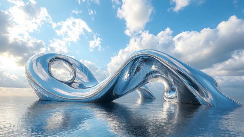 Abstract Silver Metal Sculpture on Calm Water Under Blue Sky Stock ...
