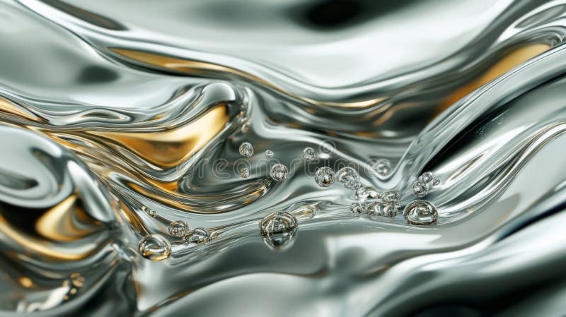 Abstract Silver Metallic Liquid Surface with Gold Accents and Dynamic ...