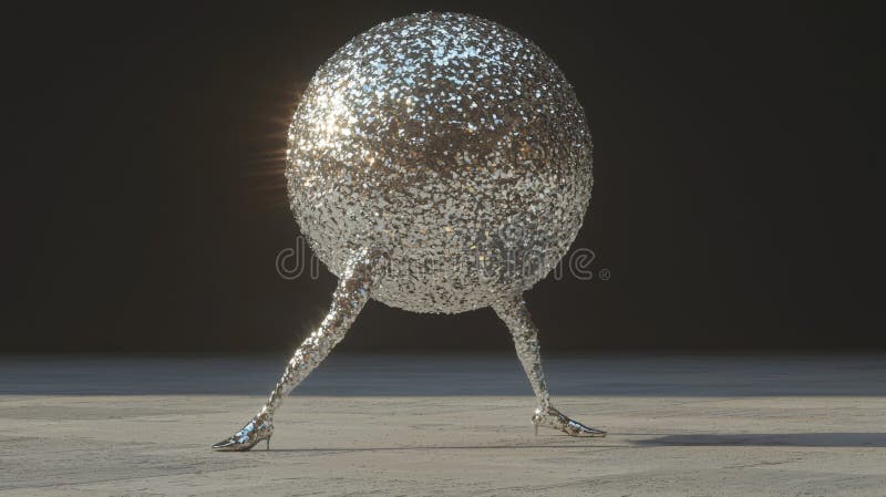 Abstract Silver Sphere Sculpture with Legs Walking on Concrete Floor ...