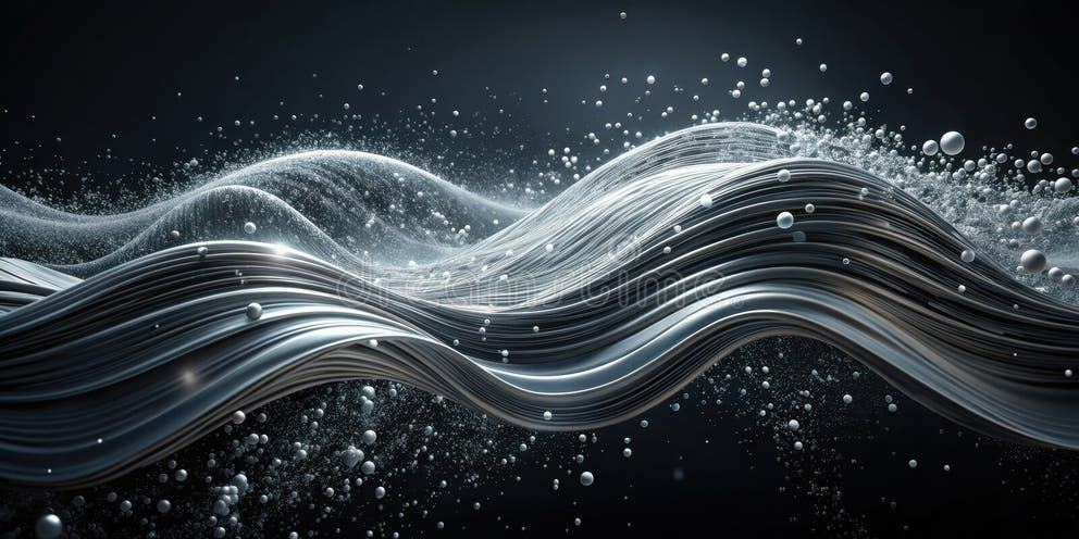 Abstract Silver Wave with Floating Spheres in Dark Space. Generative AI ...
