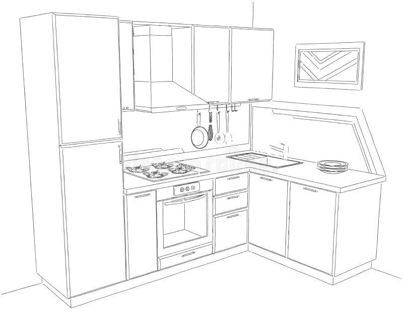 Sketch of Kitchen Corner with Sink, Wall Pot Rack, Fume Hood, Cooktop ...