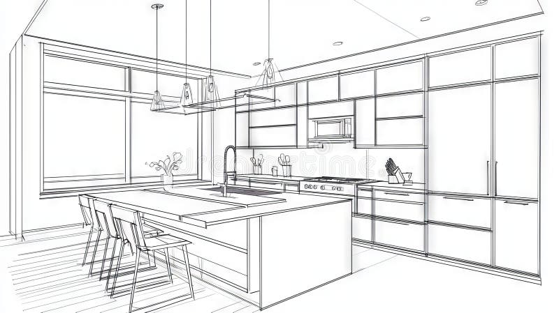 This Abstract Sketch Design Depicts the Interior of a Kitchen from a ...