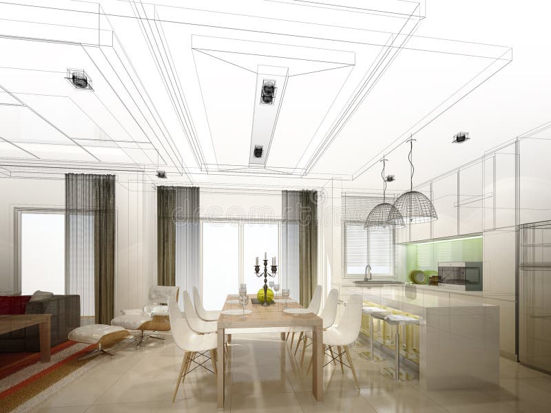 Abstract Sketch Design of Interior Dining and Kitchen Room ,3d Stock ...