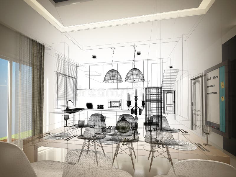 Abstract Sketch Design of Interior Dining and Kitchen Room ,3d Stock ...
