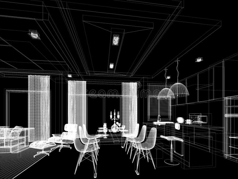 Abstract Sketch Design of Interior Dining and Kitchen Room ,3d Stock ...